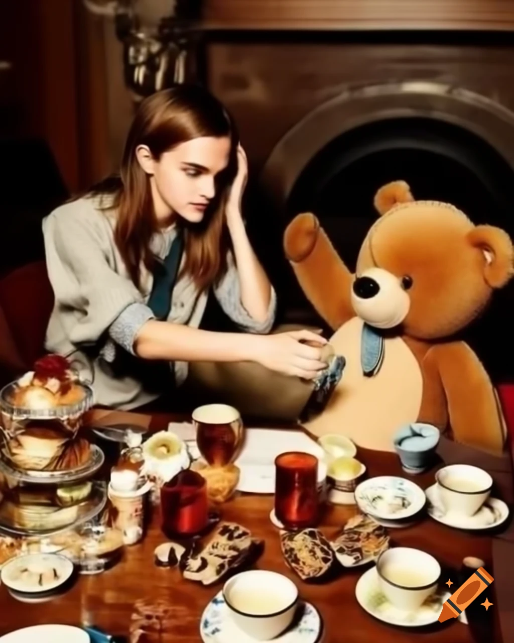 Emma watson enjoying a tea party with an american girl doll and teddy bear on Craiyon