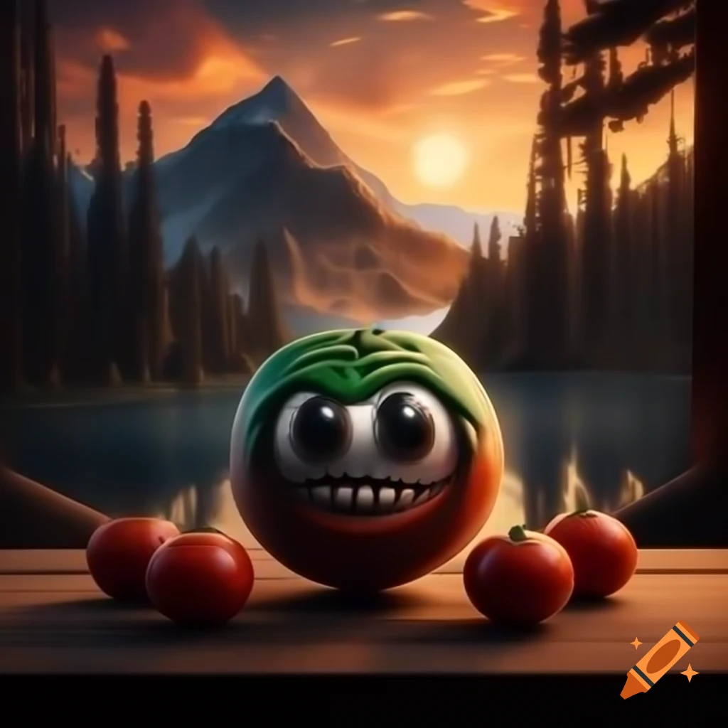 Close-up of hyper-trans-dimensional human face with tomato monster ...