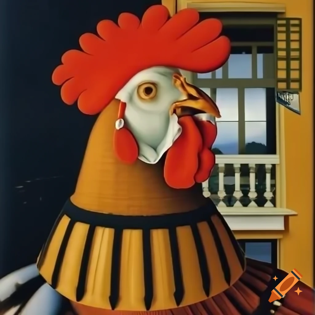 Colorful rooster in army outfit standing on hand on Craiyon