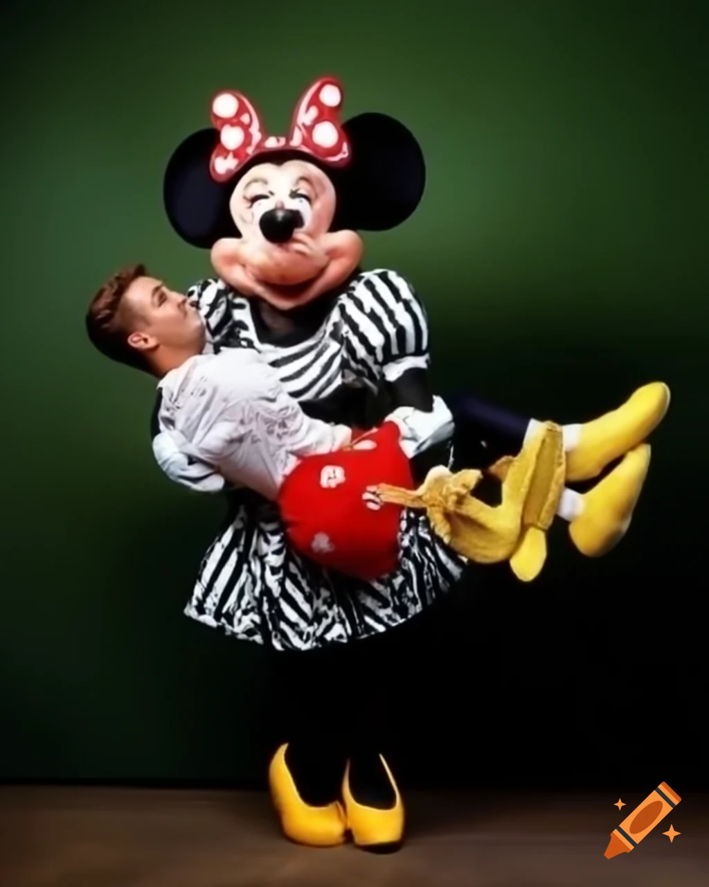 Giant minnie mouse doll cradling a delighted young man at a party on ...