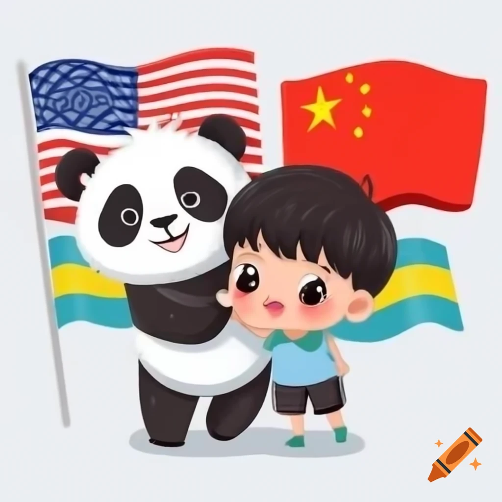 Healthy boy with panda holding hong kong and china flags in cartoon ...