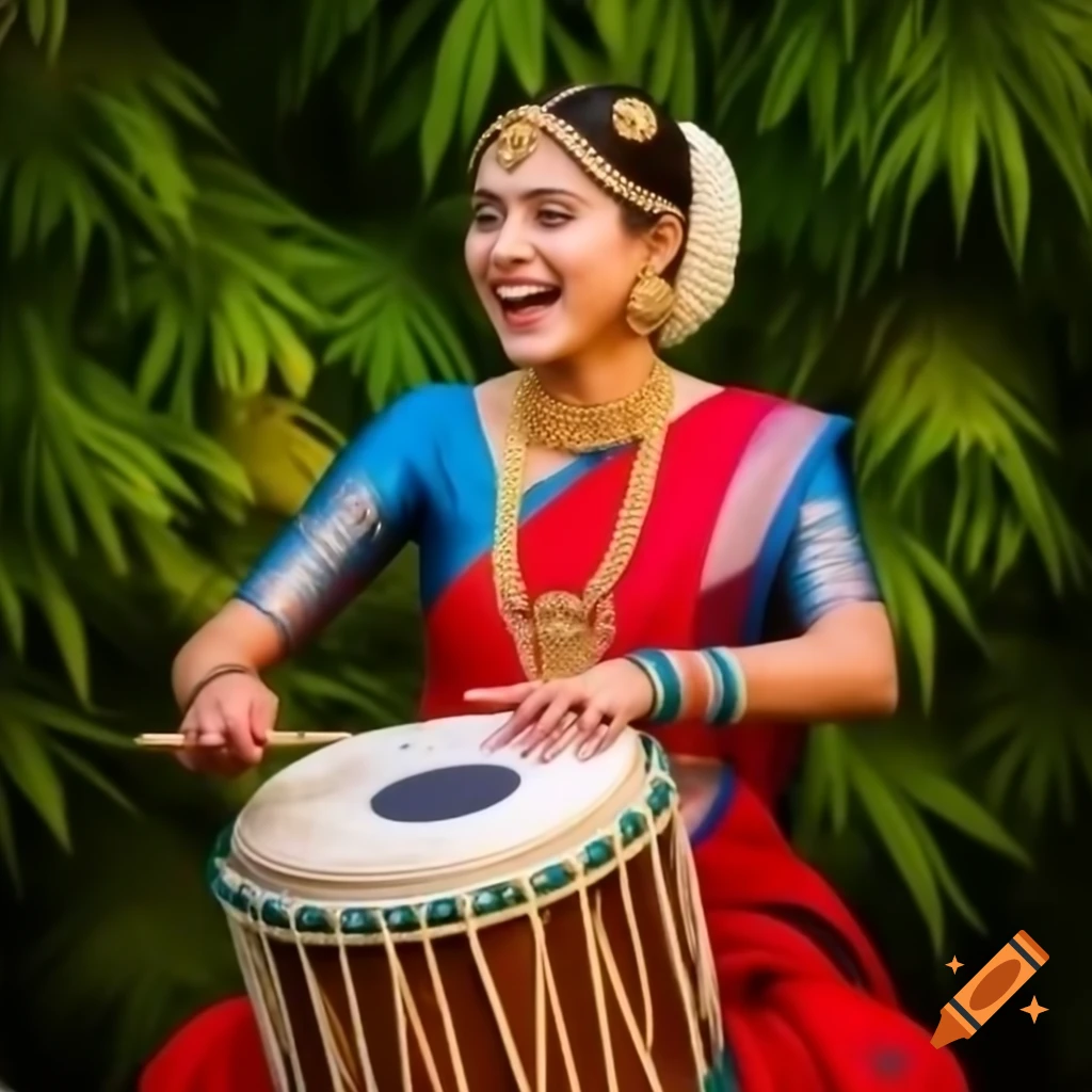 Young woman in traditional bengali attire playing dhak drum amidst ...