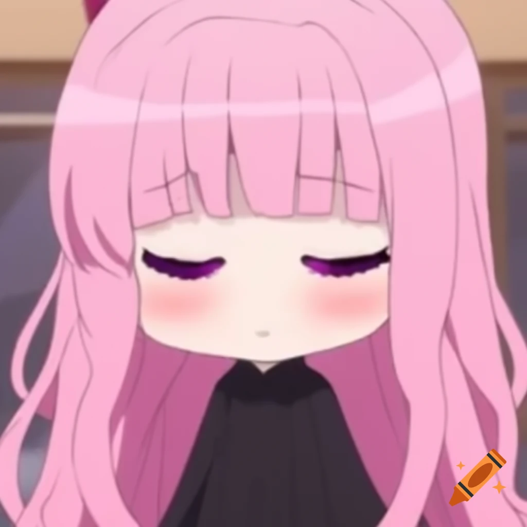 Anime chibi girl with pink hair and purple eyes in a black dress on Craiyon