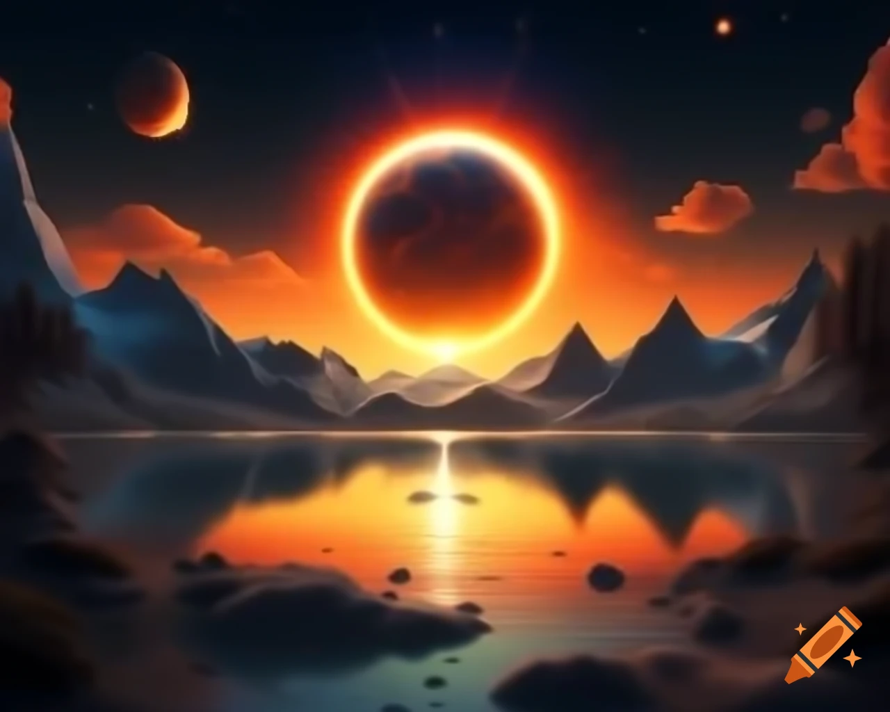 Sunset over mountain lake in photorealistic 3d render with beaming ...