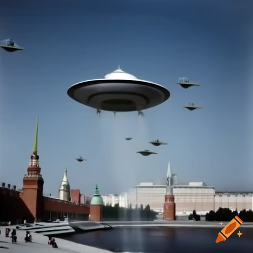 Flying saucer shooting lasers over moscow on Craiyon