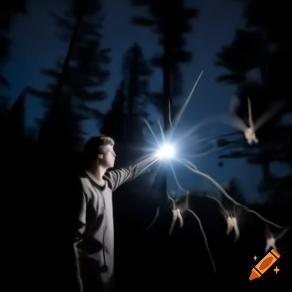 Magic user casting light spell to defend against spiders in the woods ...