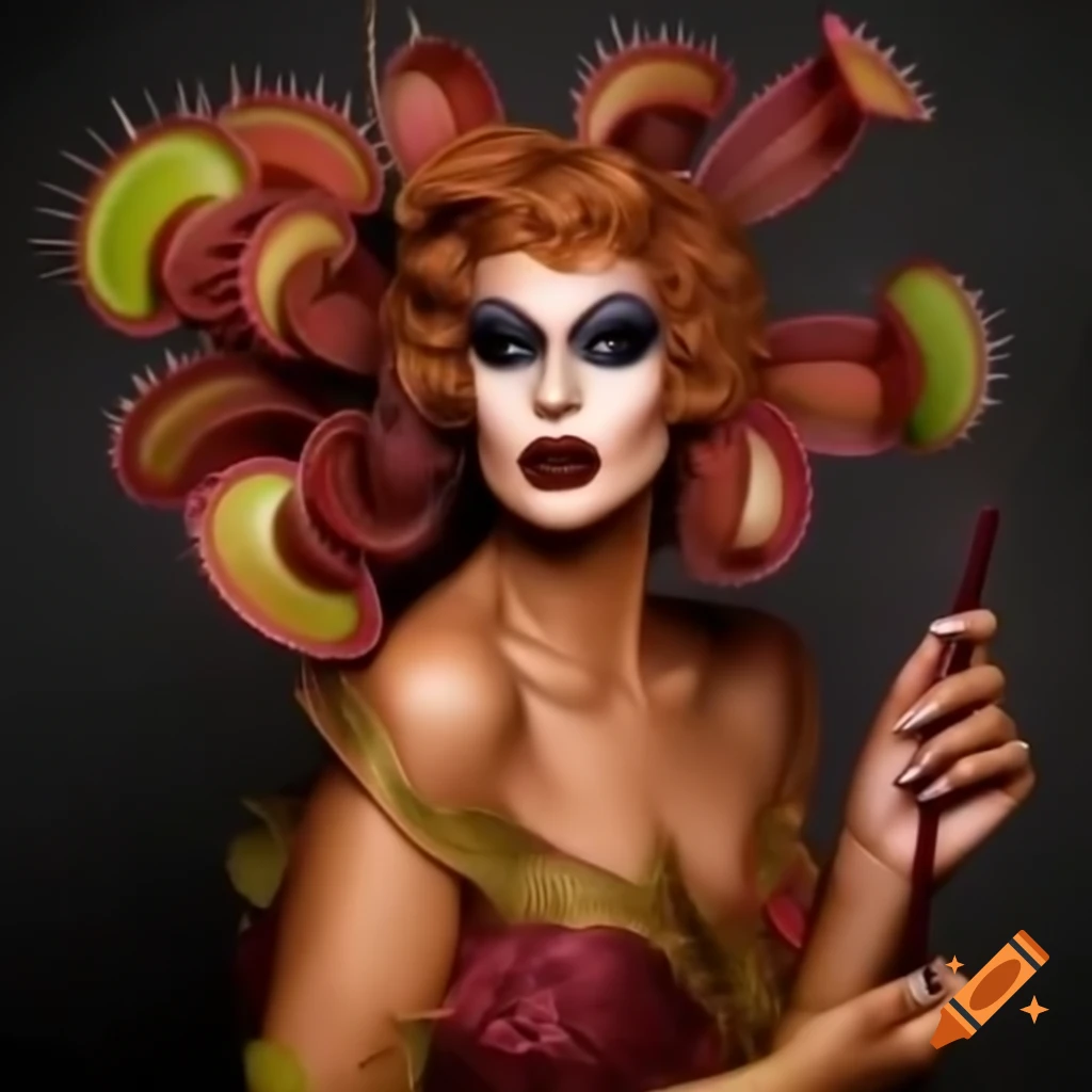 Goddess-themed drag queen venus flytrap in gown of leaves and flowers on Craiyon
