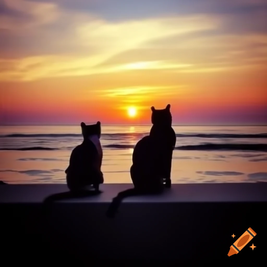 Watercolor painting of a cat and dog at sunset by the sea on Craiyon