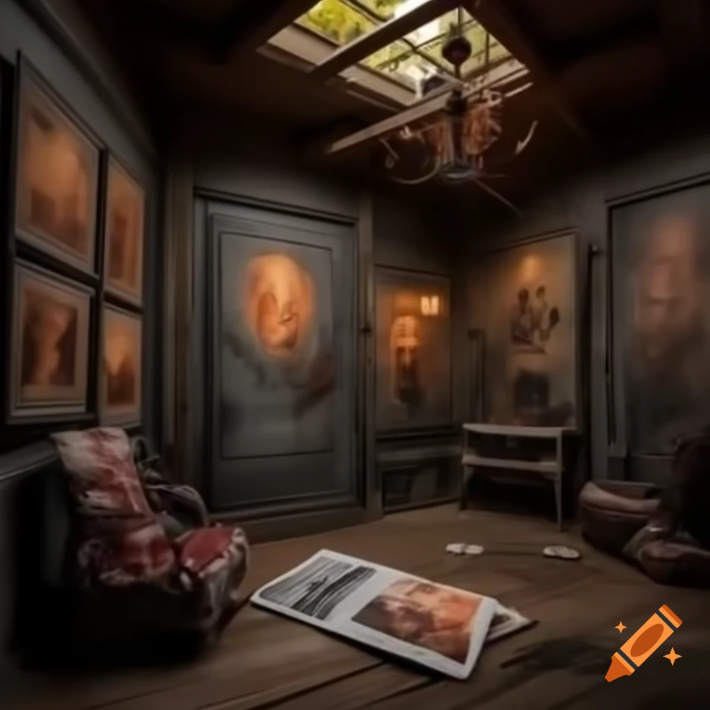 Scary house with large room featuring demonic drawings on walls on Craiyon