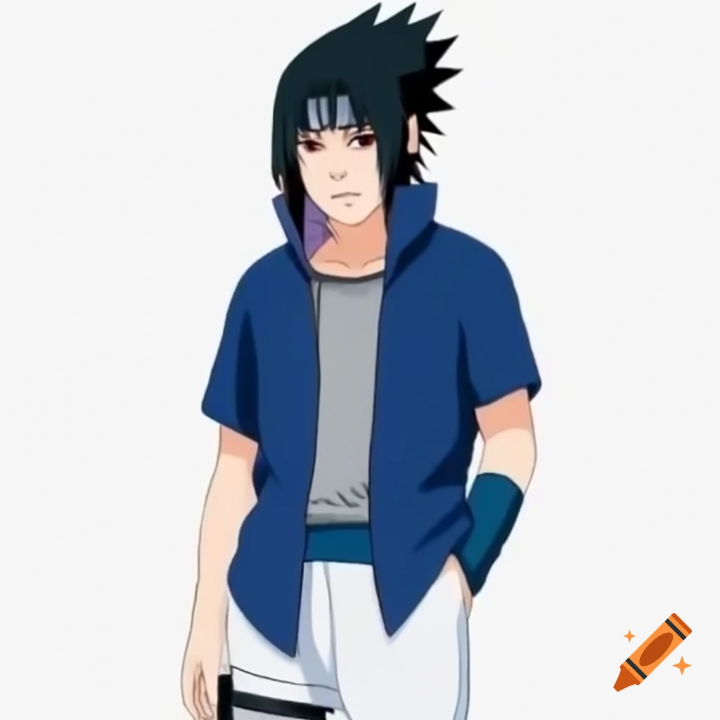 Sasuke Uchiha in blue shirt and white shorts, anime art style on Craiyon