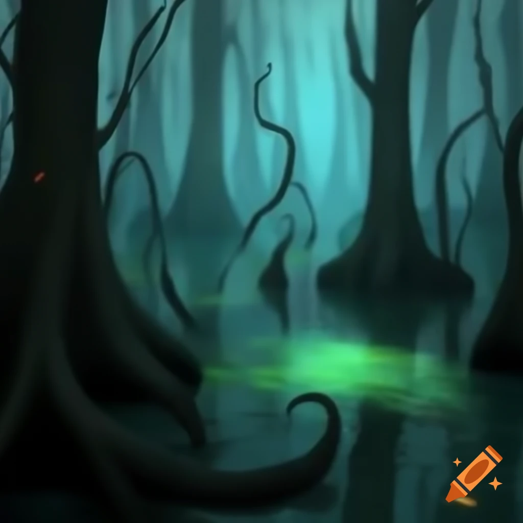 Haunted swamp featuring glowing water on Craiyon