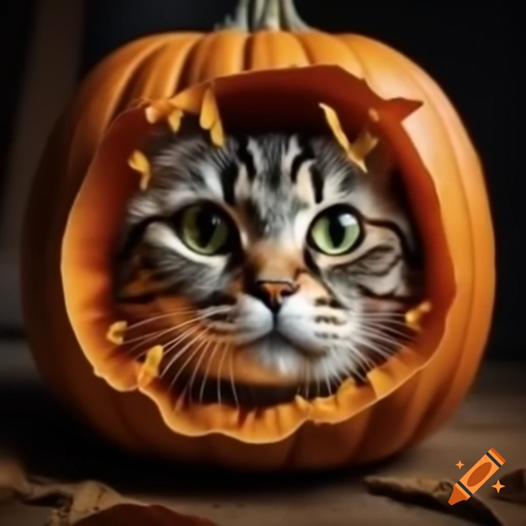 Cat's face creatively morphed into a pumpkin on Craiyon