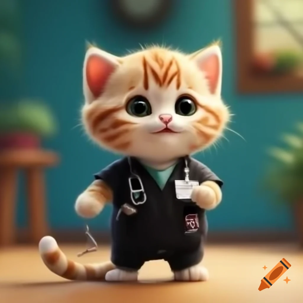 Cute kitten in black scrubs with stethoscope on colorful background for APP Week on Craiyon
