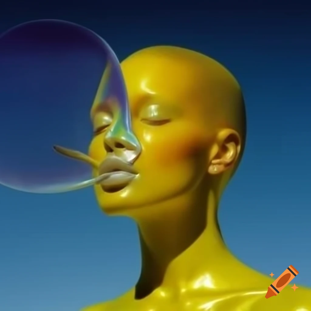 Iridescent yellow glass statue in pop surreal 2000's style photography ...