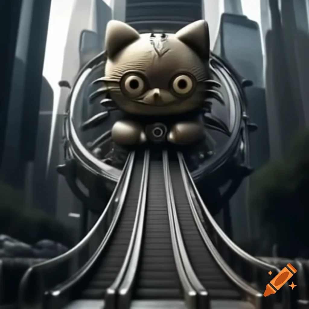 Biomechanical Hello Kitty causing chaos in a city environment on Craiyon