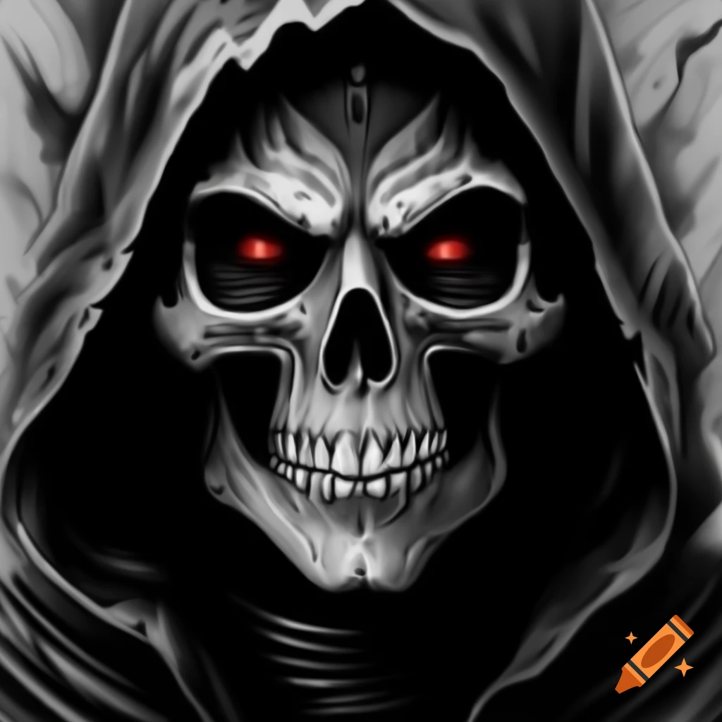 Evil reaper fantasy portrait illustration in pen and ink, stipple ...