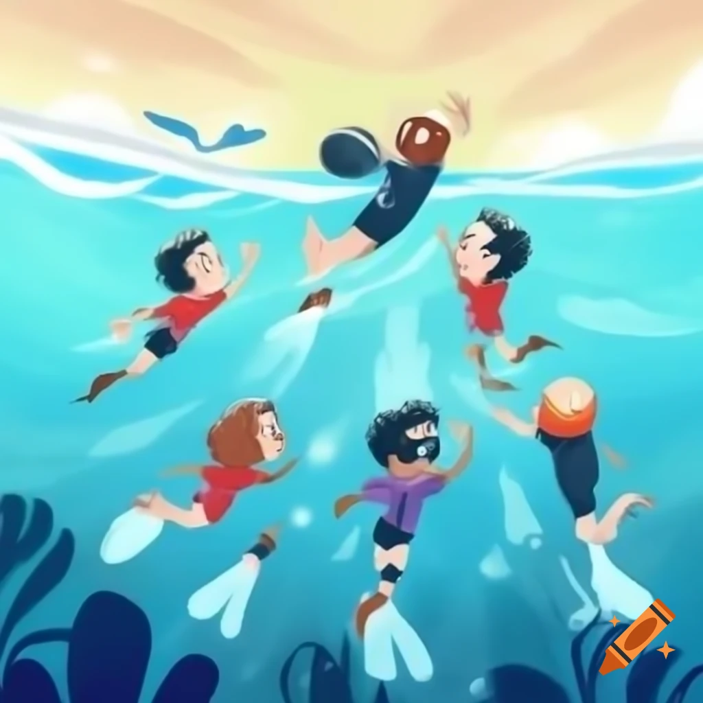 Energetic underwater rugby gameplay with campers in cartoon style on ...