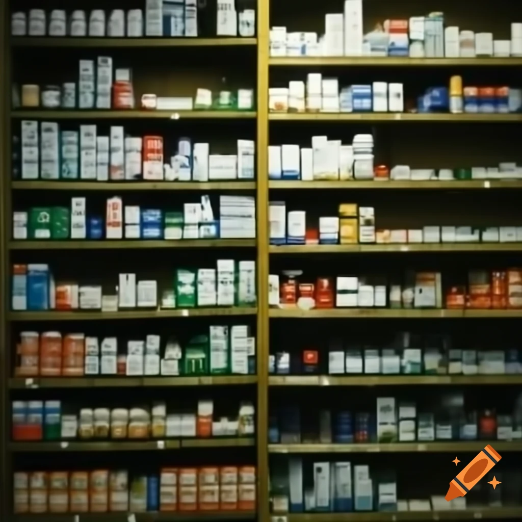 Background view of pharmacy store shelves filled with products on Craiyon