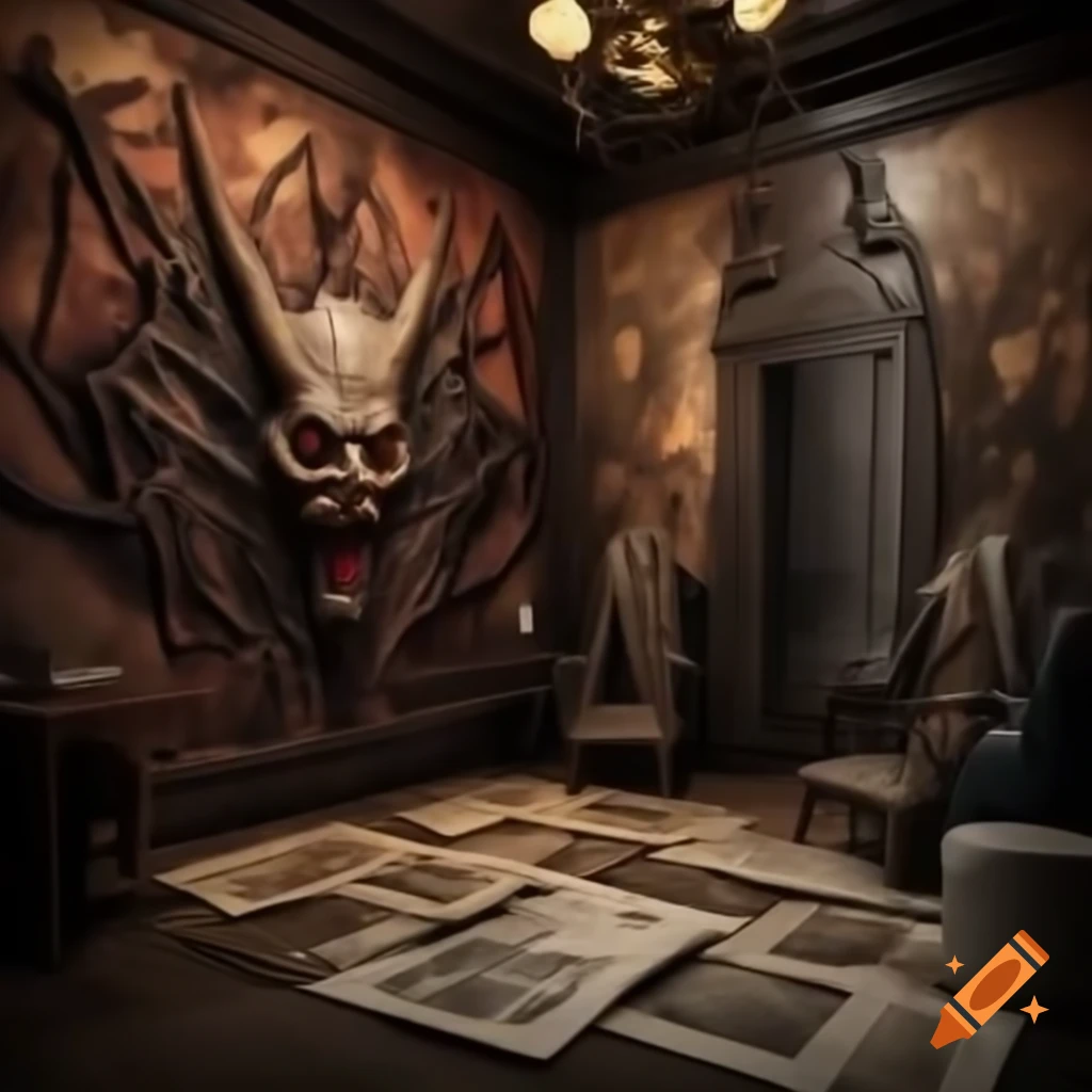 Realistic creepy house interior with demonic drawings on the walls on ...