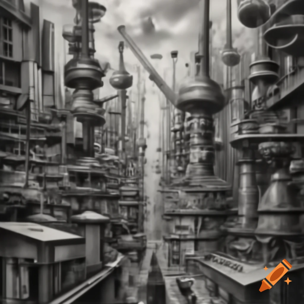 Surreal black and white ink drawing of 1970s science fiction city in ...