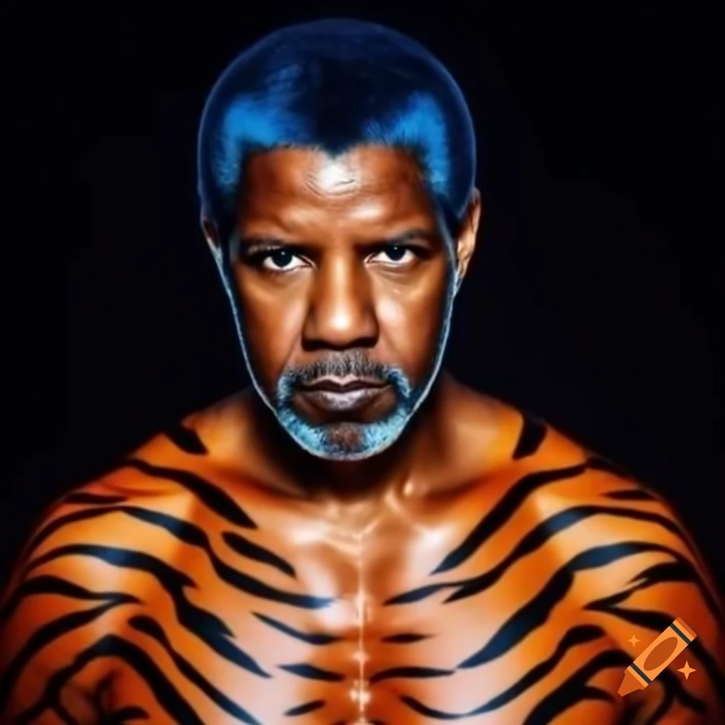 Muscular man with tiger-style makeup featuring blue hair and orange ...