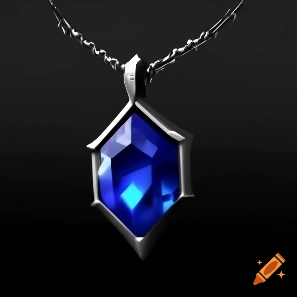 Sapphire gemstone necklace in shield-like design, profile view on Craiyon