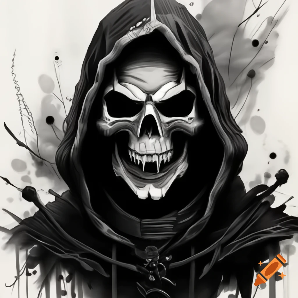 Evil reaper fantasy portrait illustration in pen and ink, stipple ...