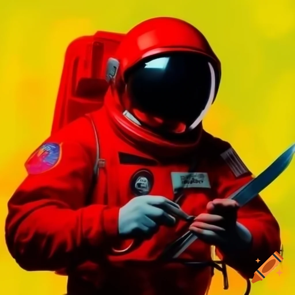 Man in red astronaut suit holding knife with yellow background on Craiyon