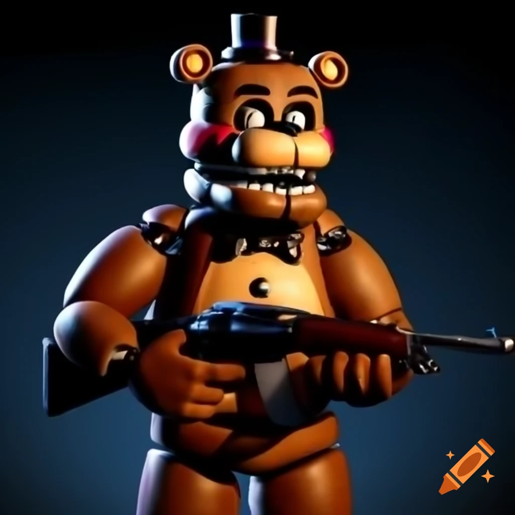 Freddy fazbear in army uniform holding a rifle on Craiyon