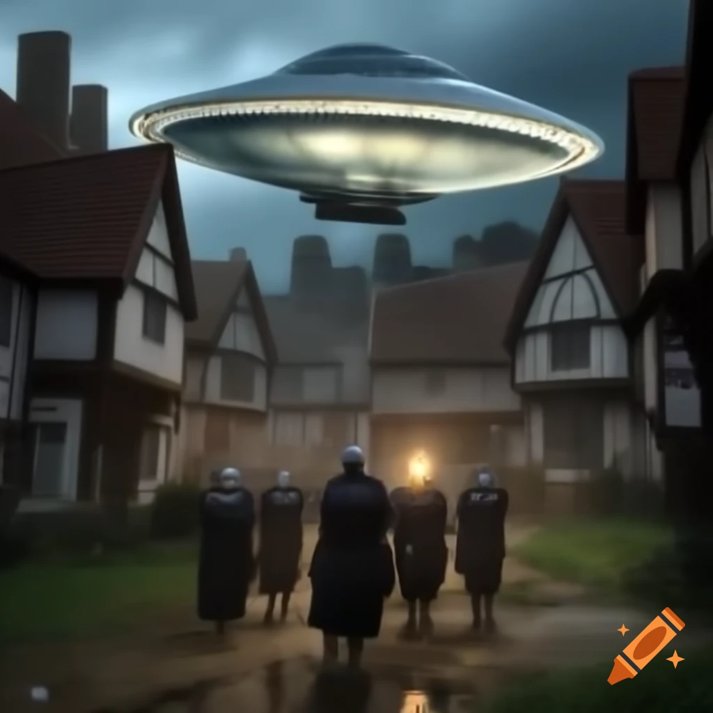 Silver starship descending on medieval village, illuminating astonished ...