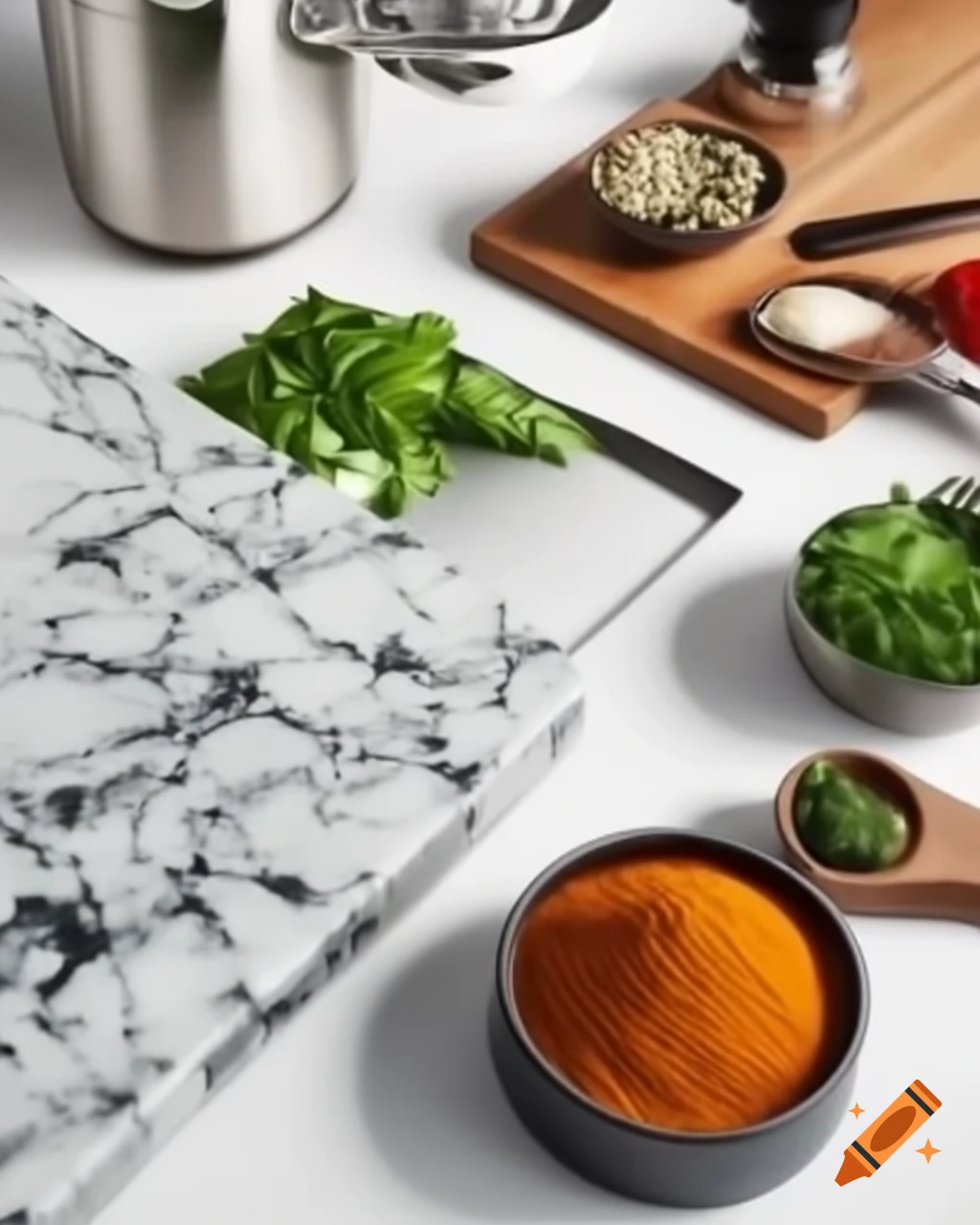 Modern kitchen countertop with marble, granite, and stainless steel ...