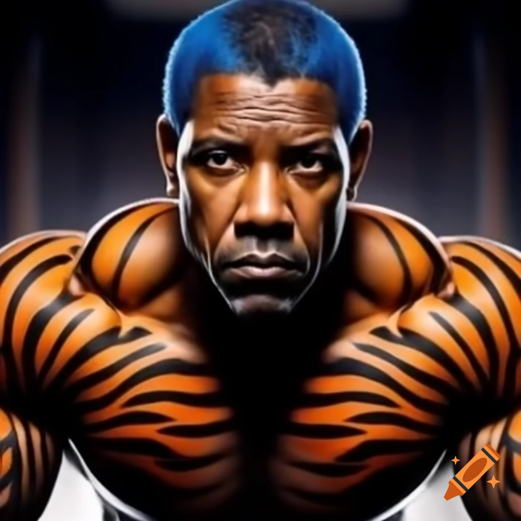 Muscular figure with tiger-style makeup featuring blue hair and orange ...