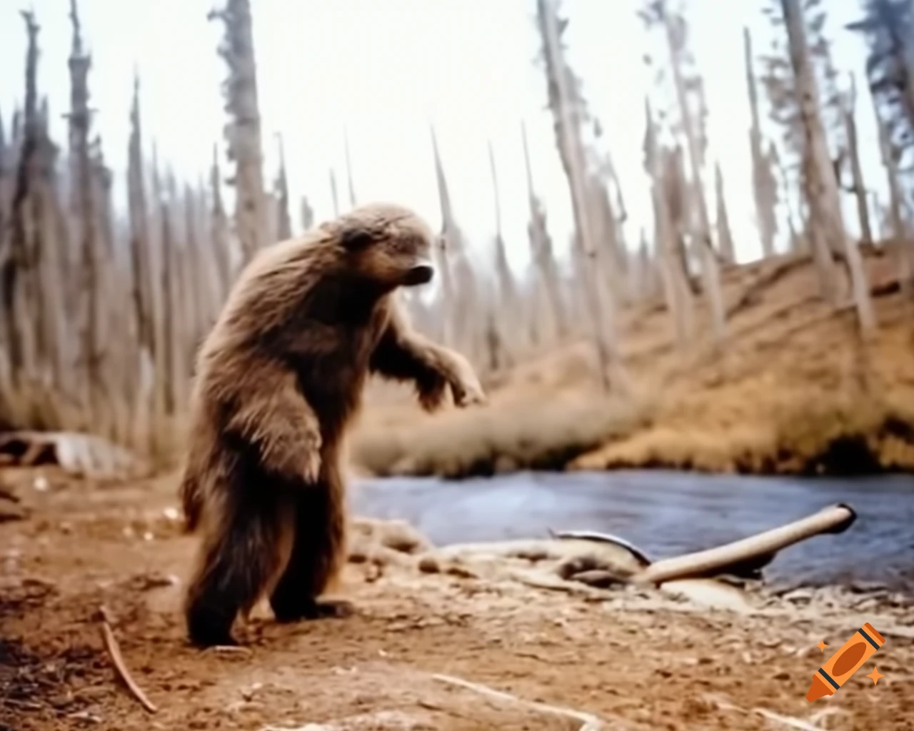 Found footage of a bipedal creature walking upright by a river bank on ...