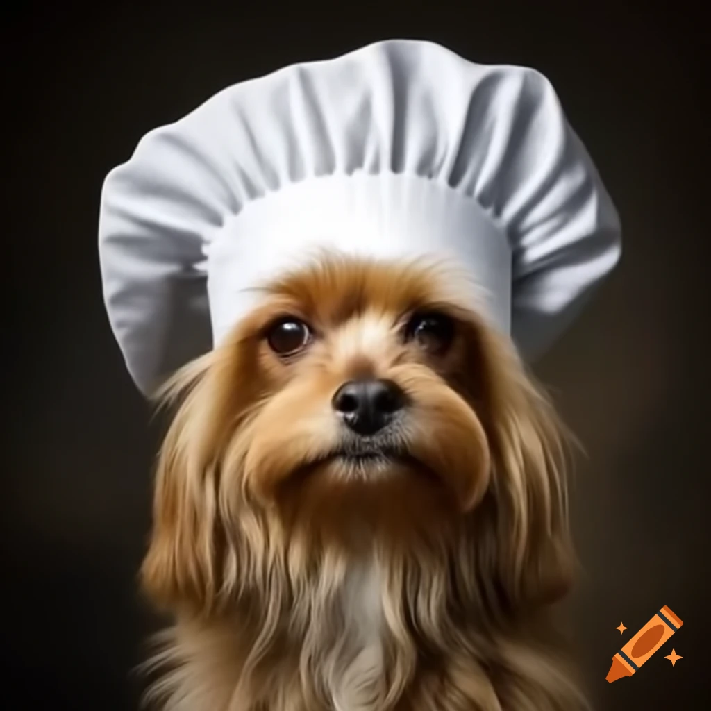 Puppy wearing a chef hat in kitchen preparing fish on Craiyon