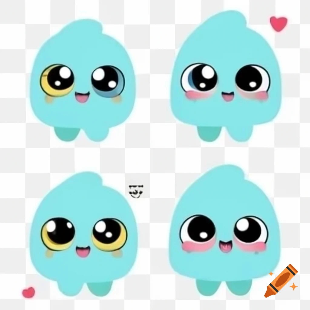 Cute light aqua blob figure with big eyes and various facial ...