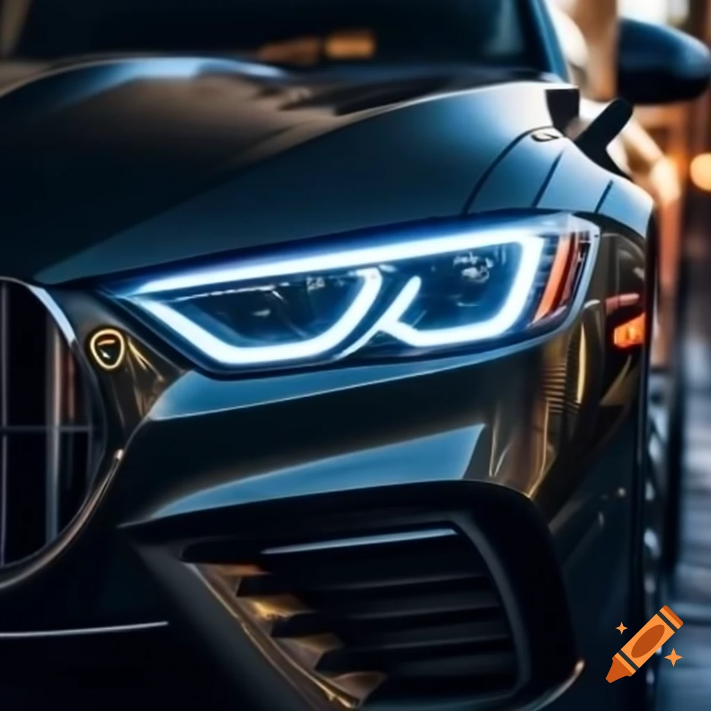 Modern car headlight glowing in the dark with sleek design and ...