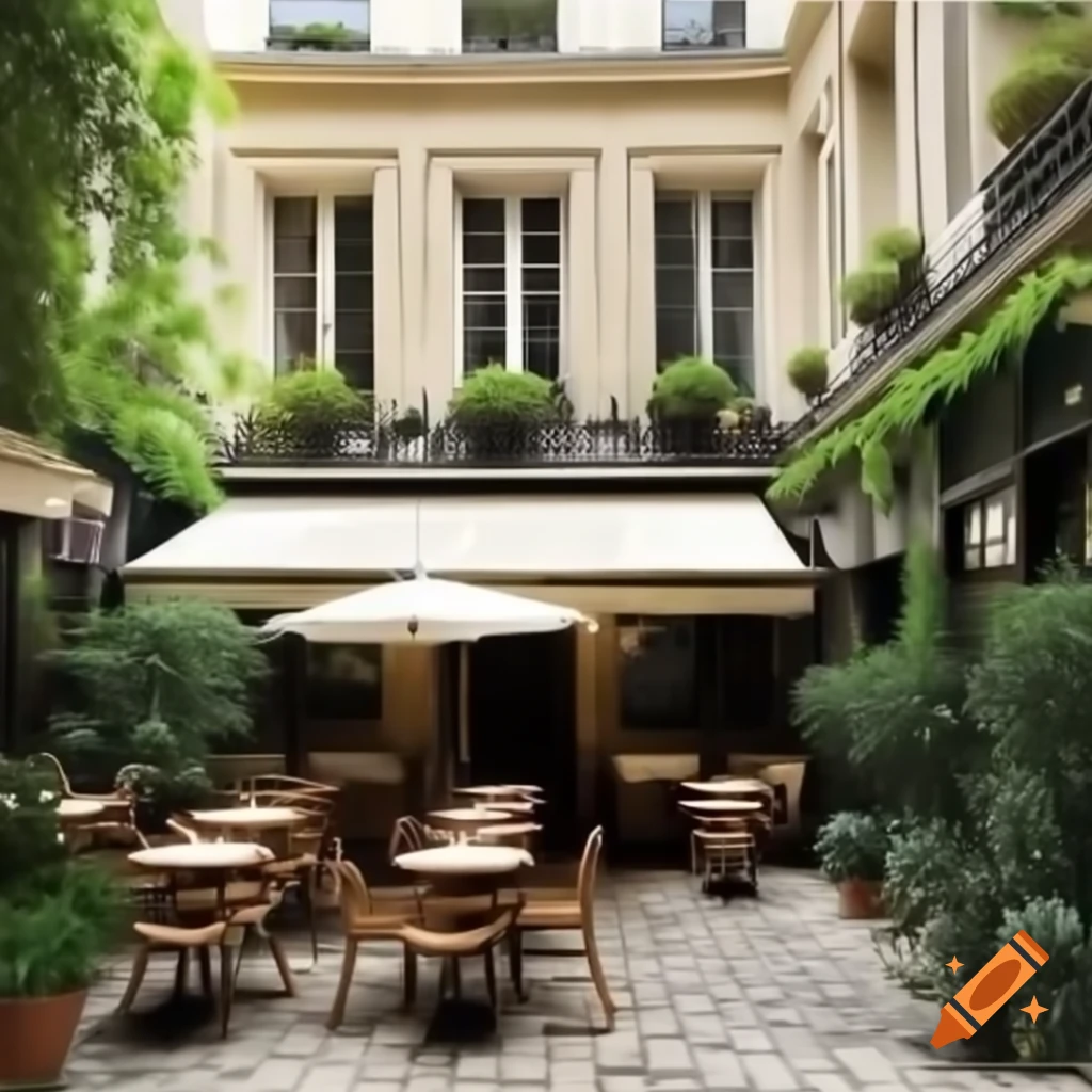 Charming cafe exterior with french architecture and potted plants on ...