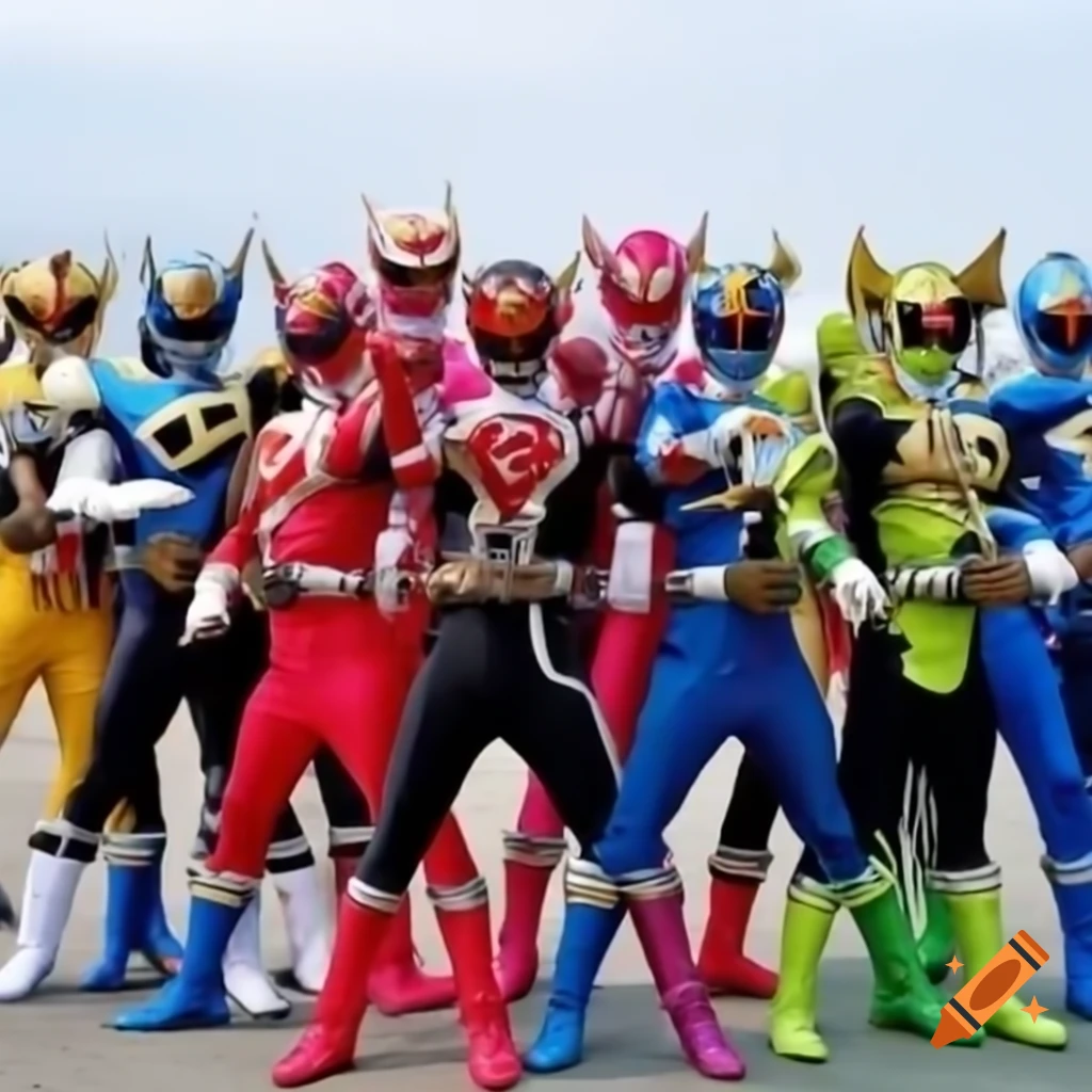 Team of justice warriors in colorful costumes with kamen rider on Craiyon