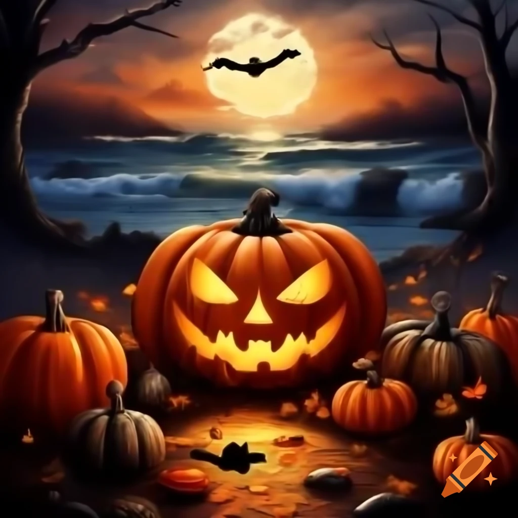 Autumn-themed scene with Halloween elements at a seashore on Craiyon