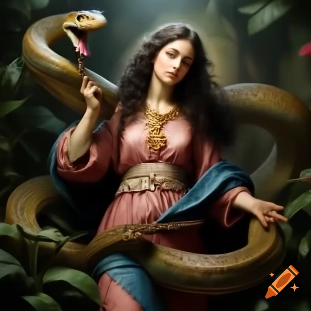 Virgin Mary Magdalene with snake in lush garden, wearing blue-red attire on Craiyon