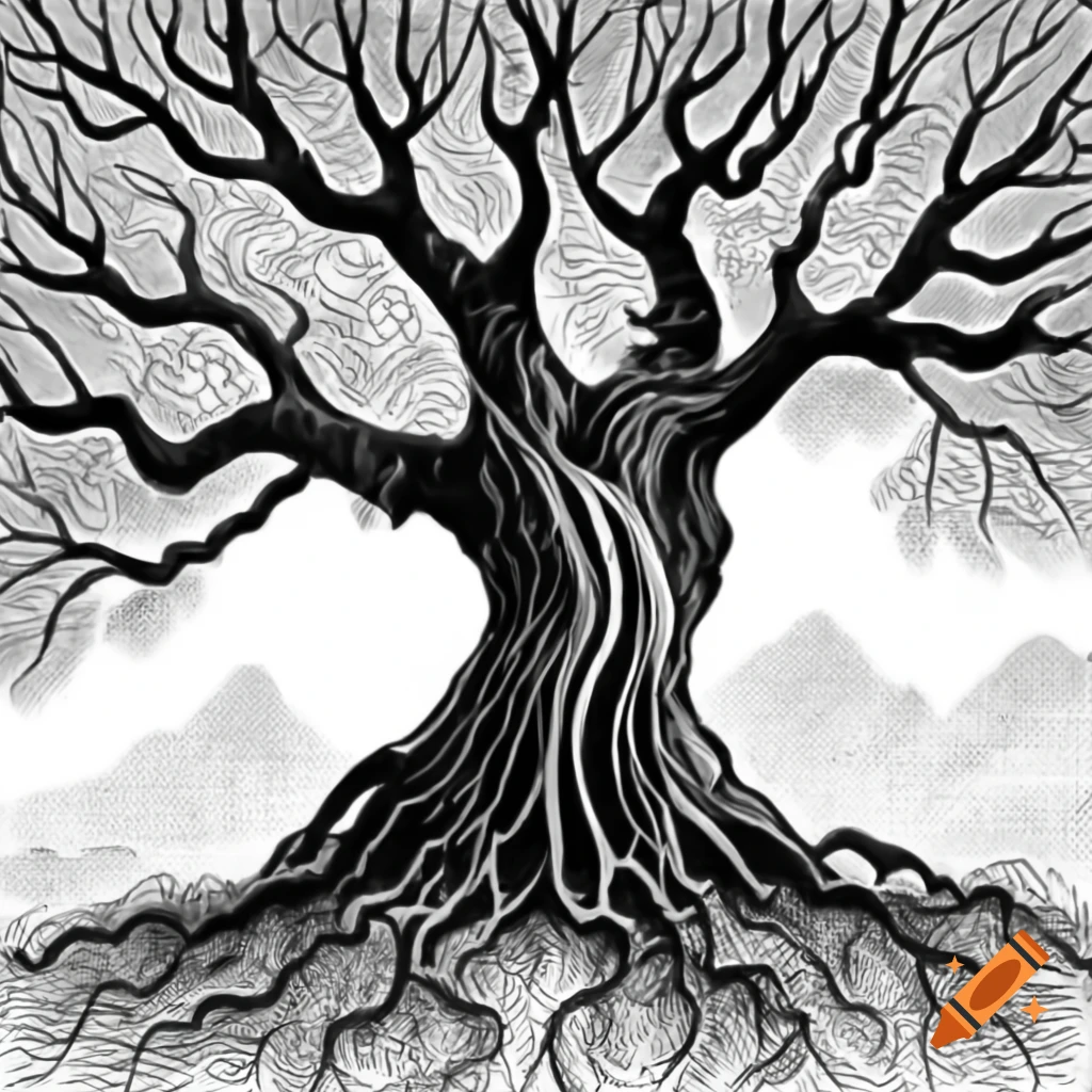 Fantasy portrait of a huge oak tree in stipple drawing style, black and white on Craiyon