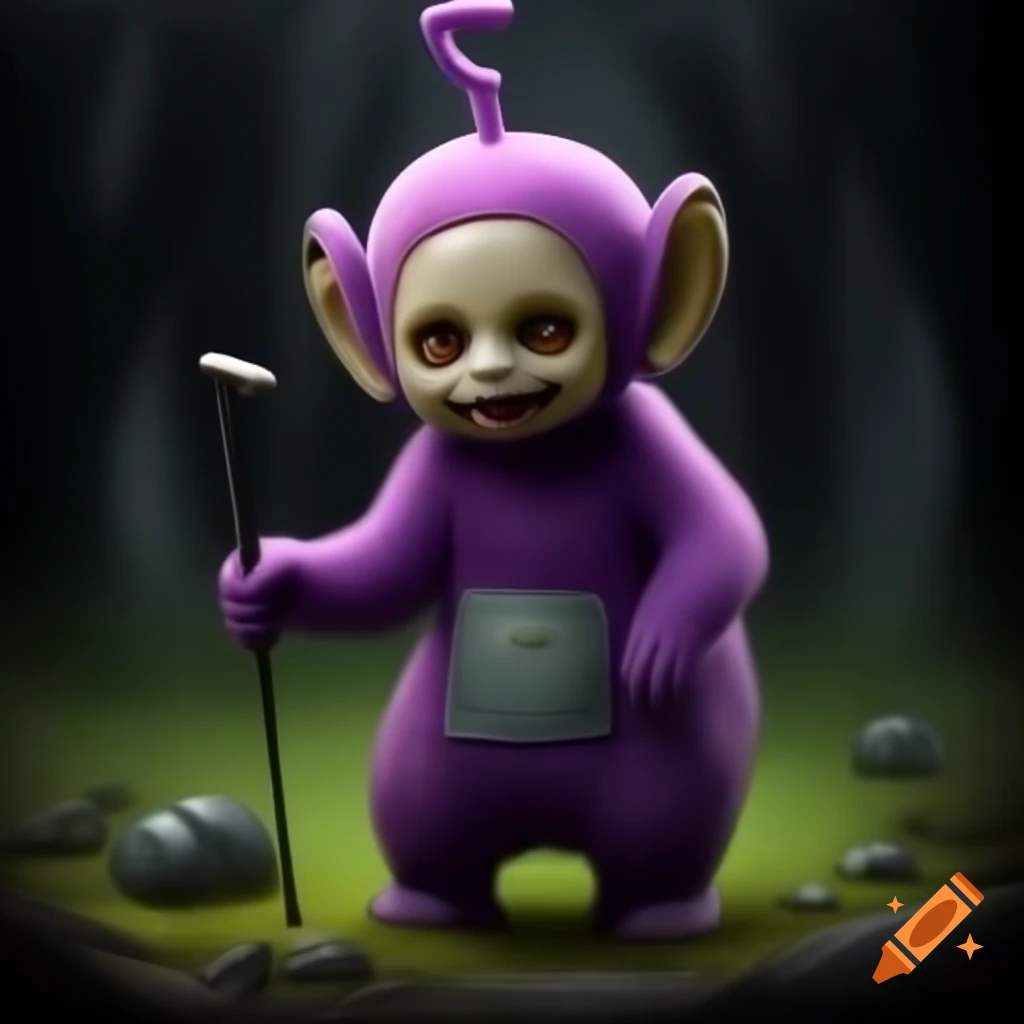 Hyperrealistic depiction of a teletubby as a morbid creature in haunted ...