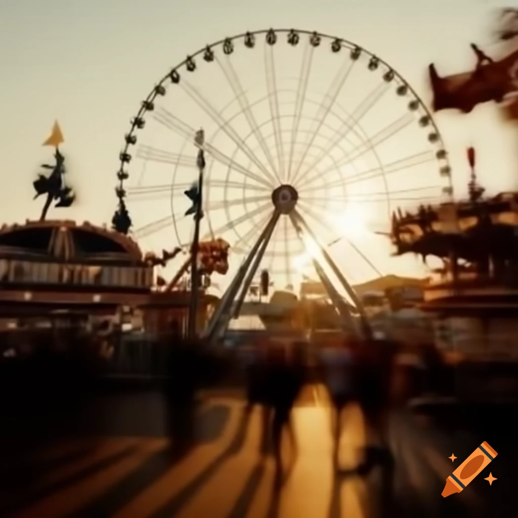 Amusement park at sunset featuring ferris wheel and merry-go-round with blurred crowd on Craiyon