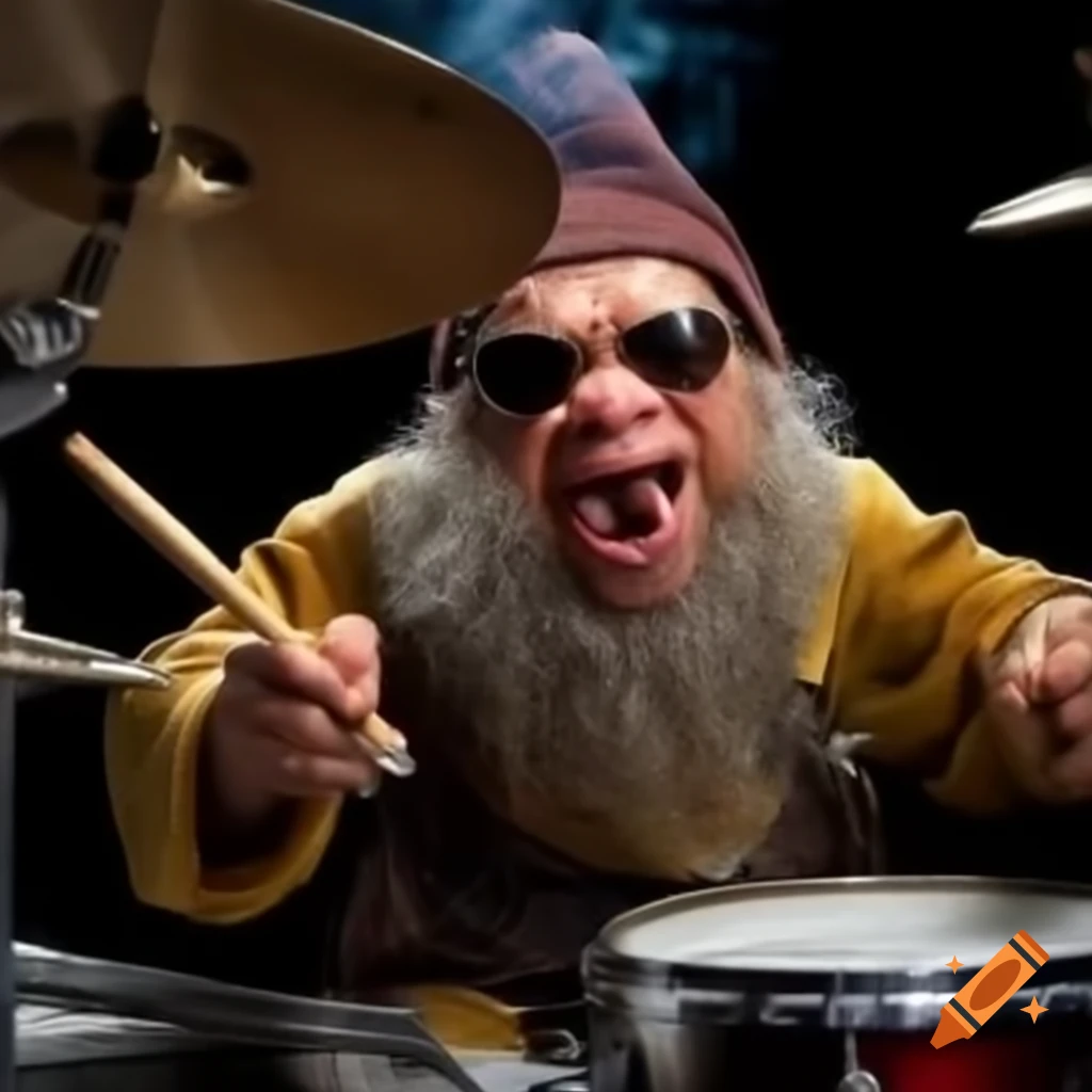 Dwarf playing drums passionately, wearing sunglasses and smoking cigar ...