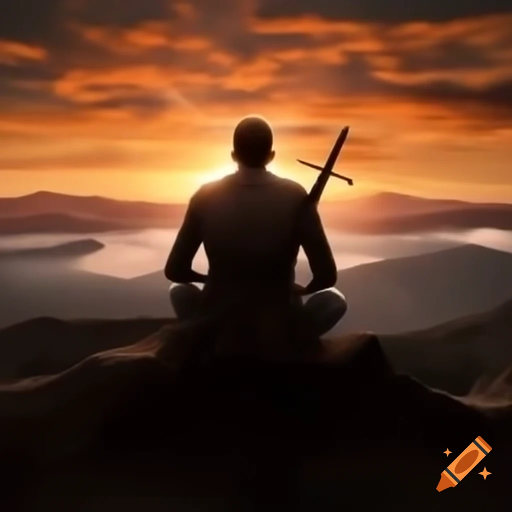 Man sitting with sword raised in front of sunrise, displaying intense ...