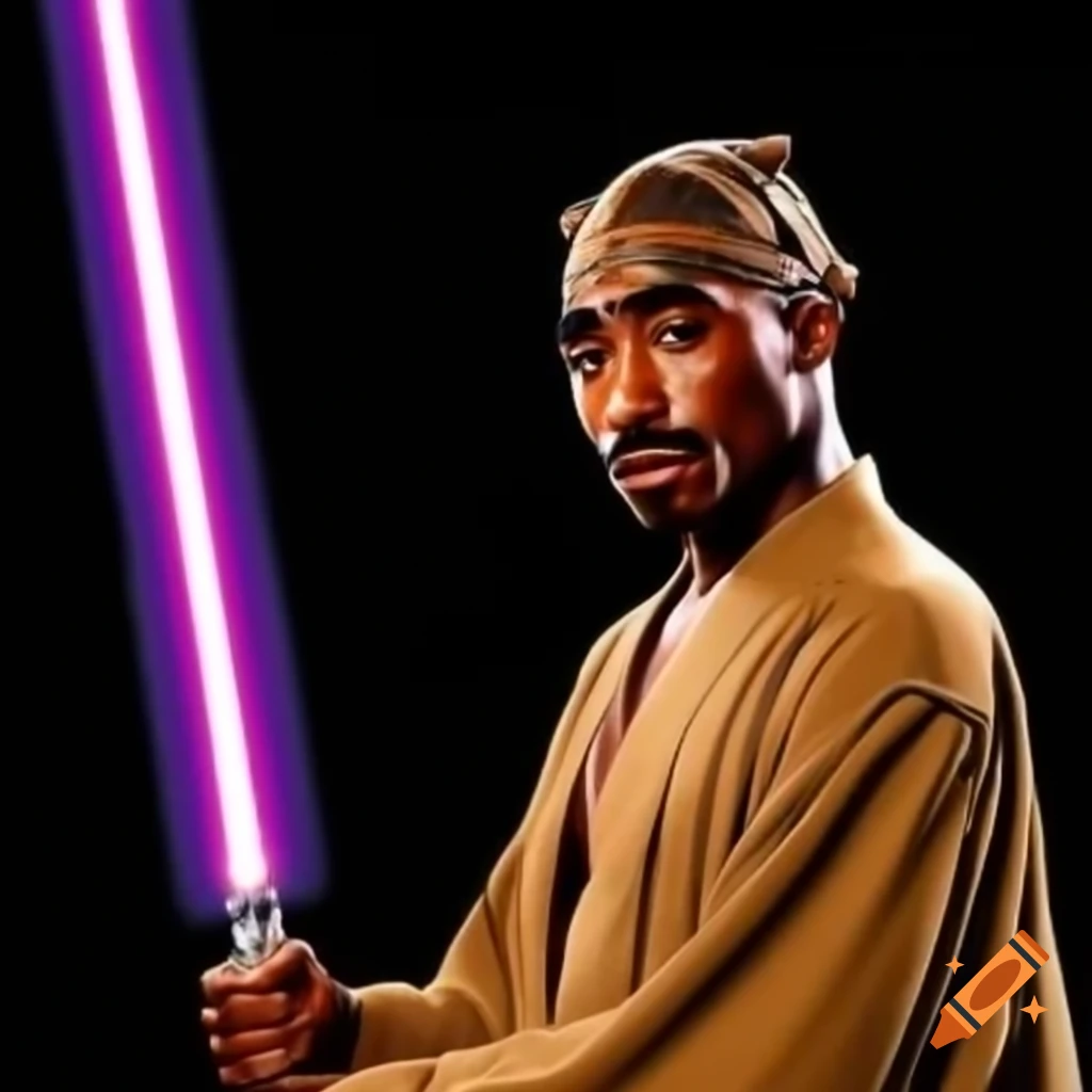 Tupac Shakur dressed as a Jedi holding a purple lightsaber on Craiyon
