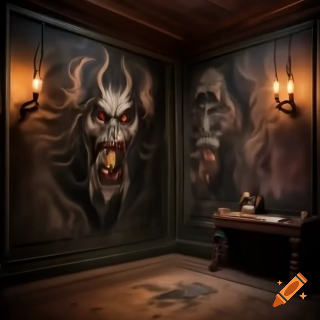 Realistic depiction of a large room in a scary house with demonic drawings on the walls on Craiyon