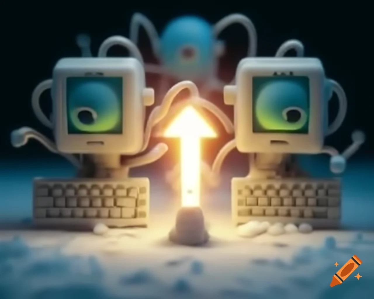 Miniature computer tower with googly eyes emitting electricity joyfully ...