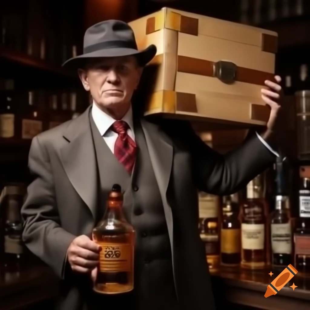 Mafia-looking man carrying wooden box full of whiskey bottles on Craiyon