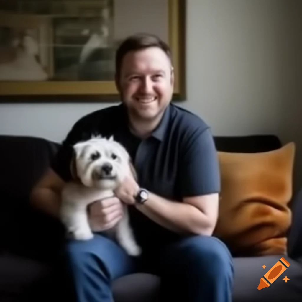 Man smiling with dog on sofa on Craiyon